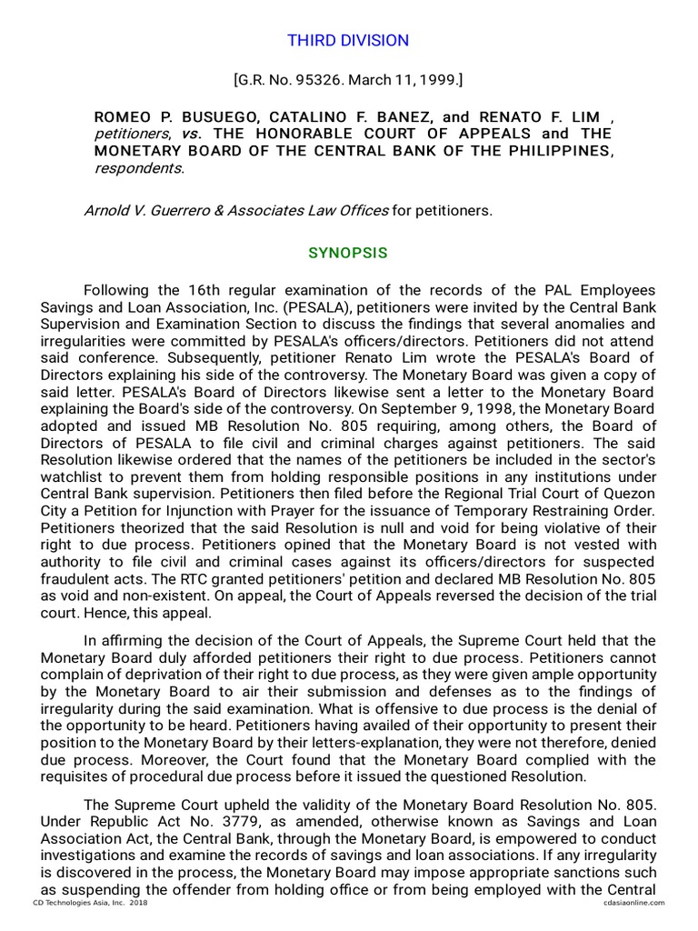 Analysis of the Validity of a Monetary Board Resolution Requiring the ...