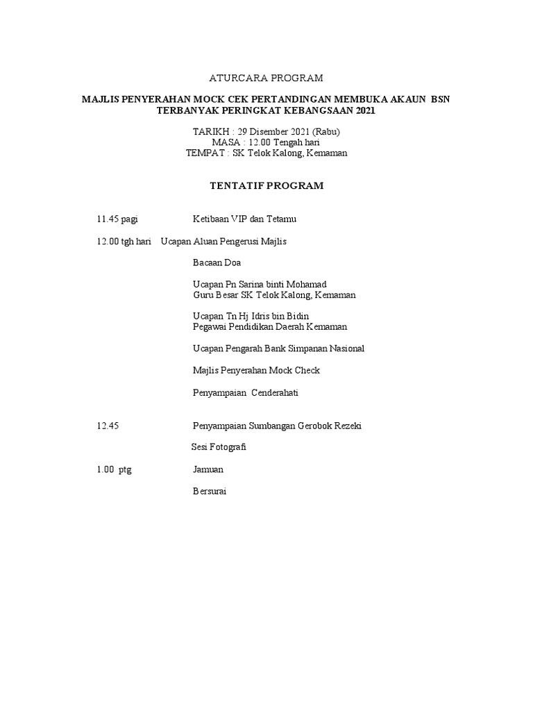 Tentatif Program Penyerahan Mock Cek BSN | PDF