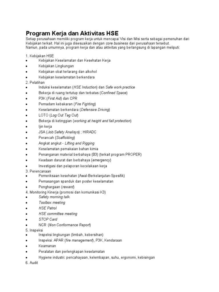 Program Kerja Dan Aktivitas HSE | PDF