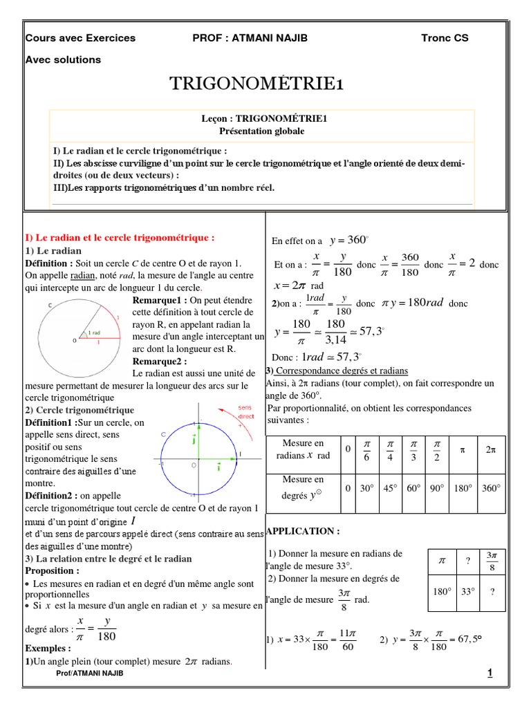 Calcul Trigonometrique 1 Cours Et Exercices Corriges | PDF | Angle | Fonction trigonométrique