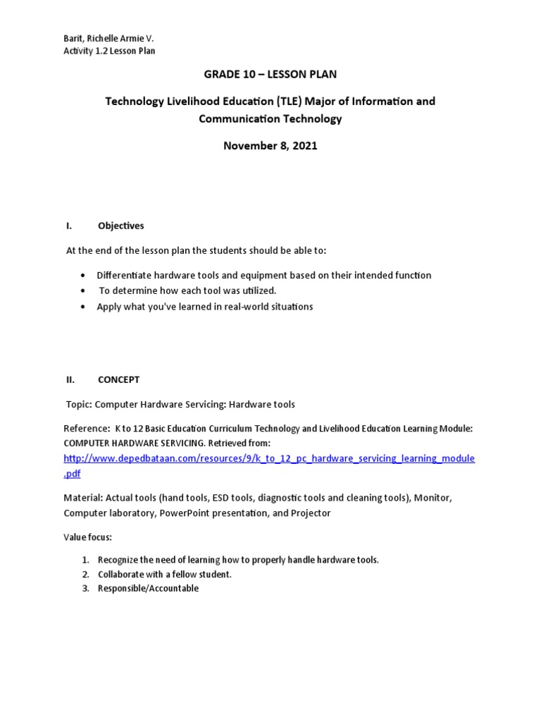 Grade 10 - Lesson Plan Technology Livelihood Education (TLE) Major of ...