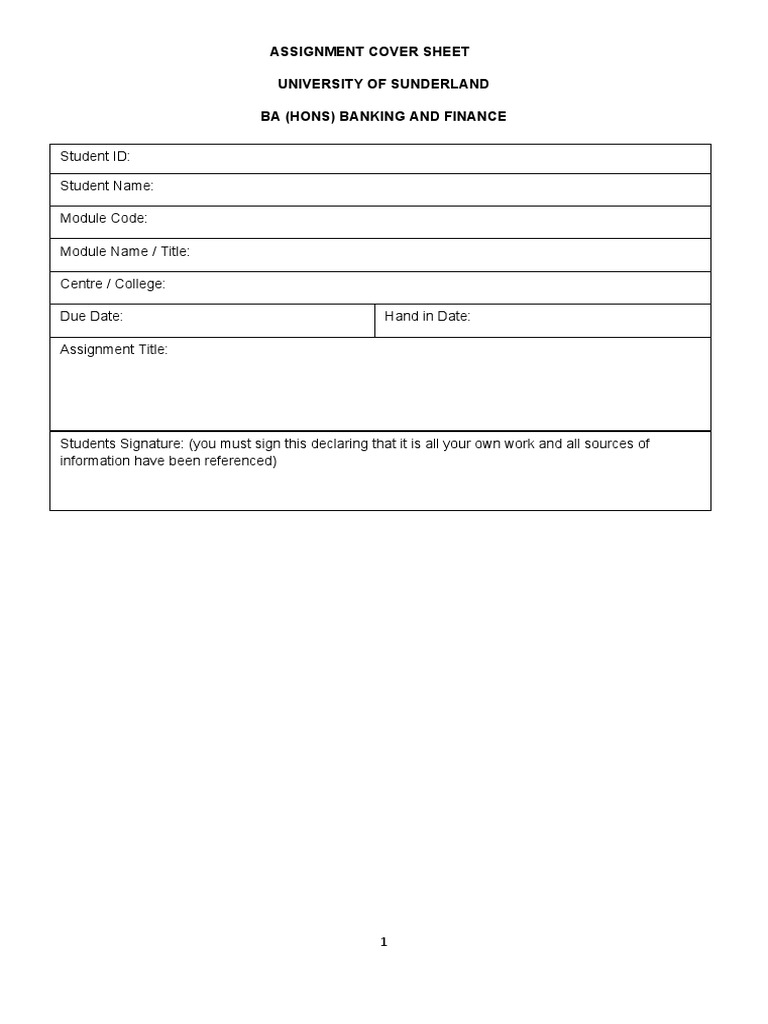 Assignment Cover Sheet University of Sunderland Ba (Hons) Banking and ...