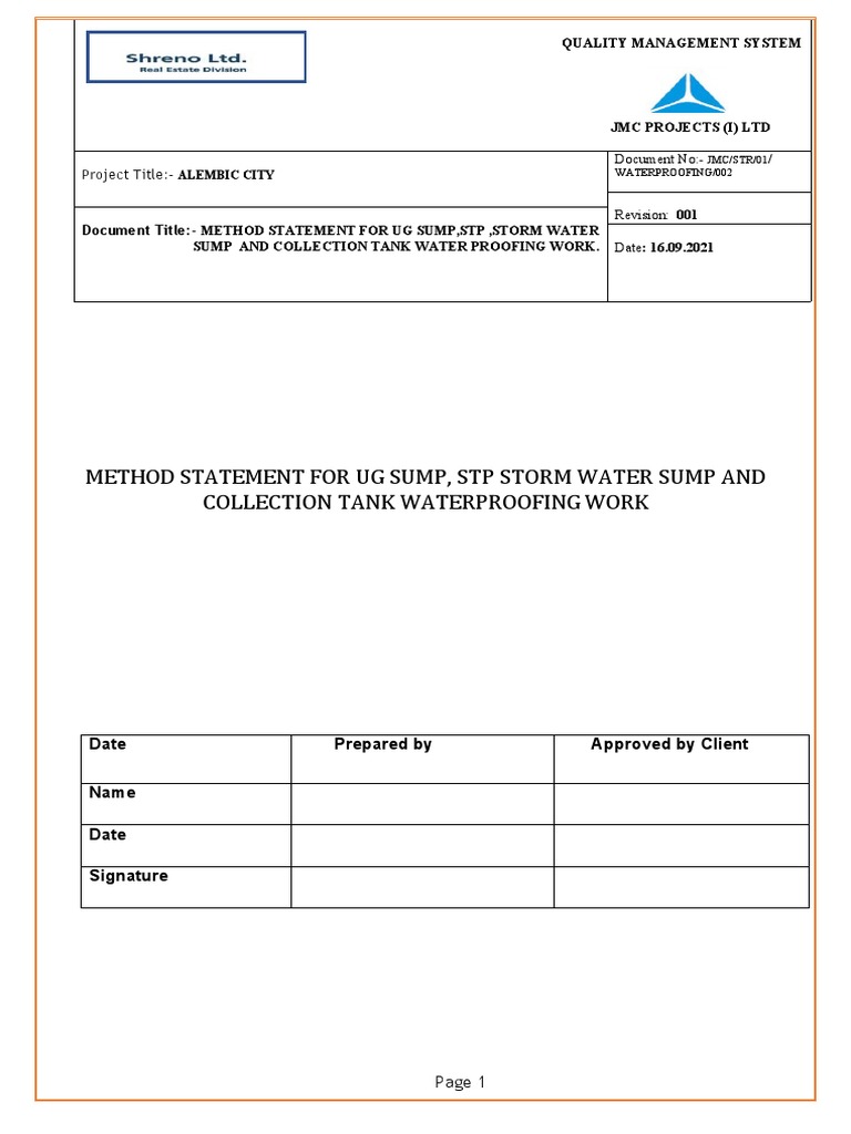 ALMA - Method Statement For STP Water Proofing | PDF | Concrete | Mortar (Masonry)