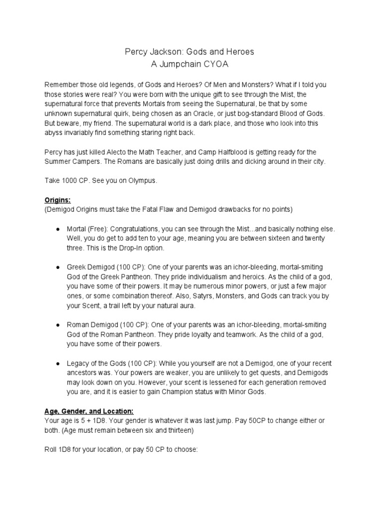 Percy Jackson: Gods and Heroes A Jumpchain CYOA | PDF