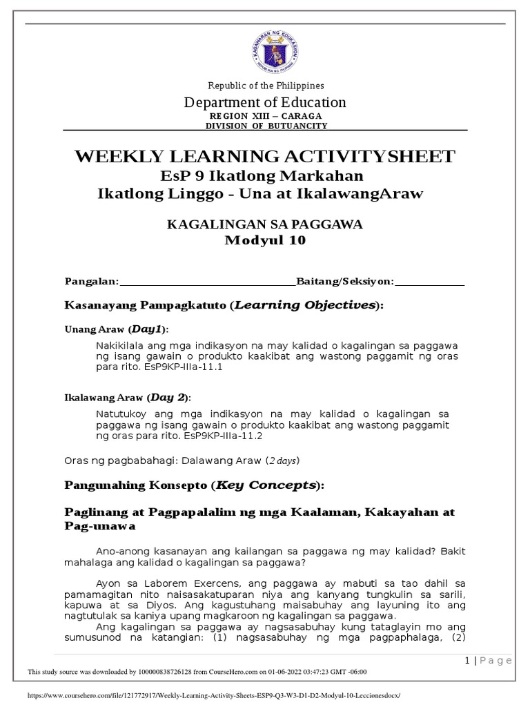 Weekly Learning Activity Sheets ESP9 Q3 W3 D1 D2 Modyul 10 Lecciones | PDF