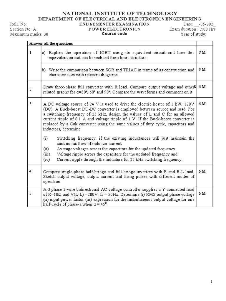 Power Electronics End Sem Question Paper | PDF | Power Electronics ...