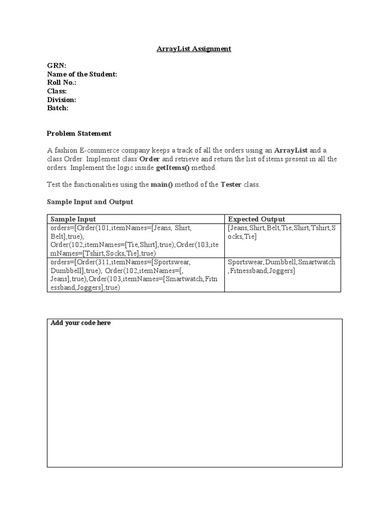 Arraylist Assignment GRN: Name of The Student: Roll No.: Class: Division: Batch | PDF