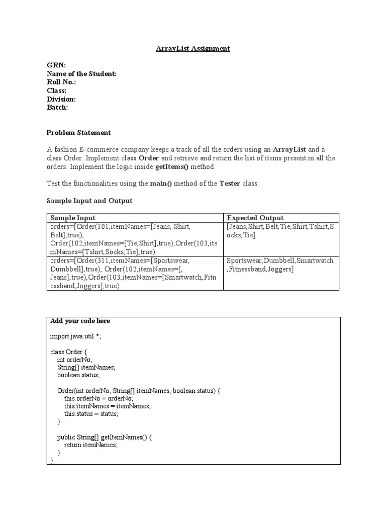Arraylist Assignment GRN: Name of The Student: Roll No.: Class ...