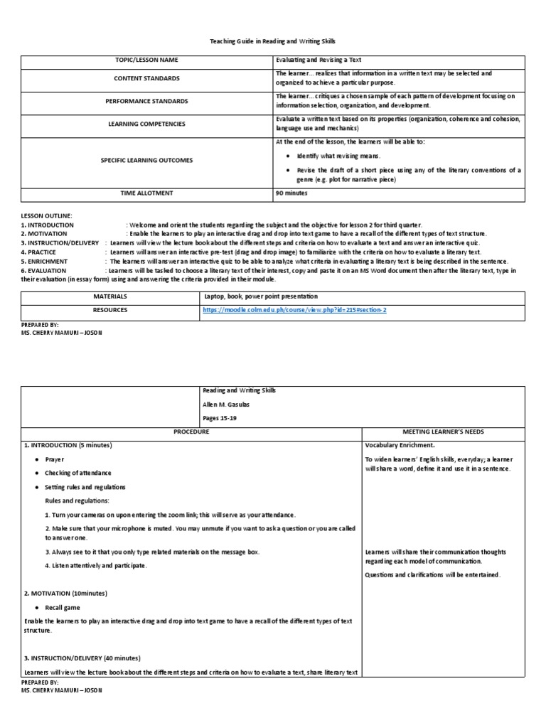 Teaching Guide For Reading and Writing Skills Lesson 2 | PDF | Learning ...