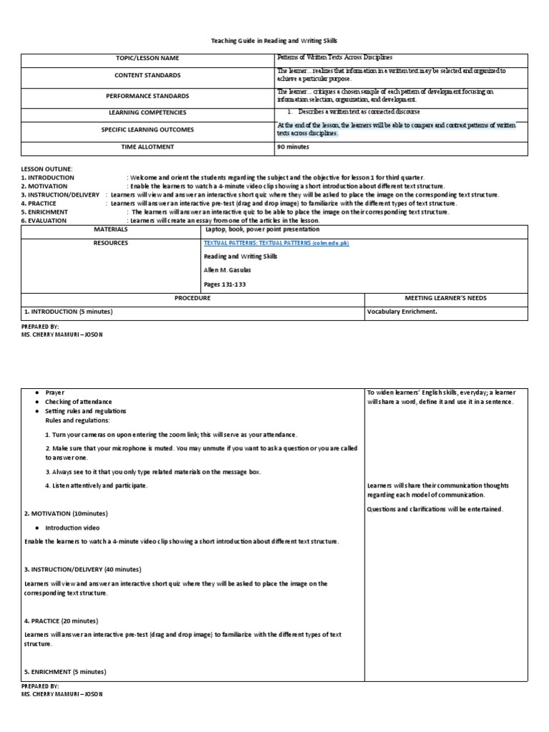 Teaching Guide For Reading and Writing Skills Lesson 1 | PDF | Learning ...