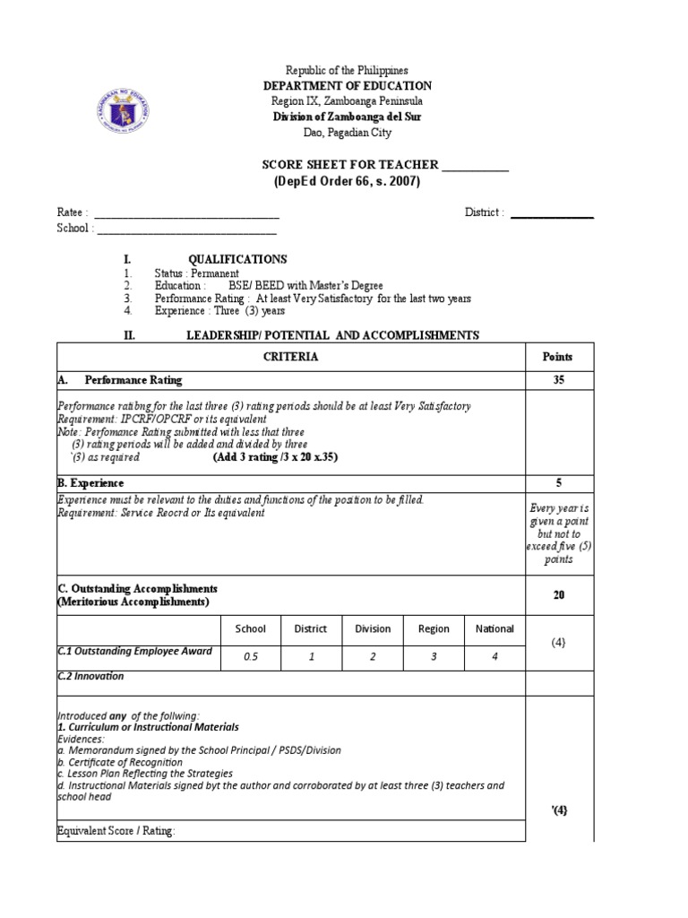 Score Sheet For Teacher - (Deped Order 66, S. 2007) | PDF | Academic ...