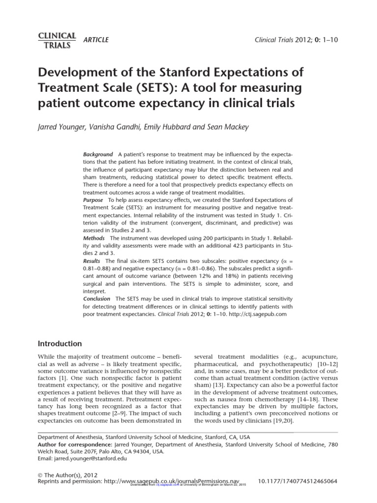 Development of The Stanford Expectations of Treatment Scale (SETS) : A ...