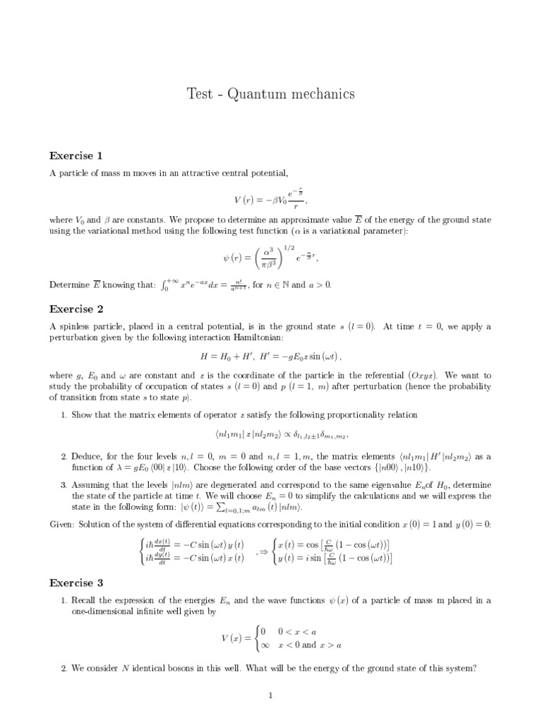 Quantum Mechanics Exercises | PDF | Spin (Physics) | Perturbation Theory (Quantum Mechanics)