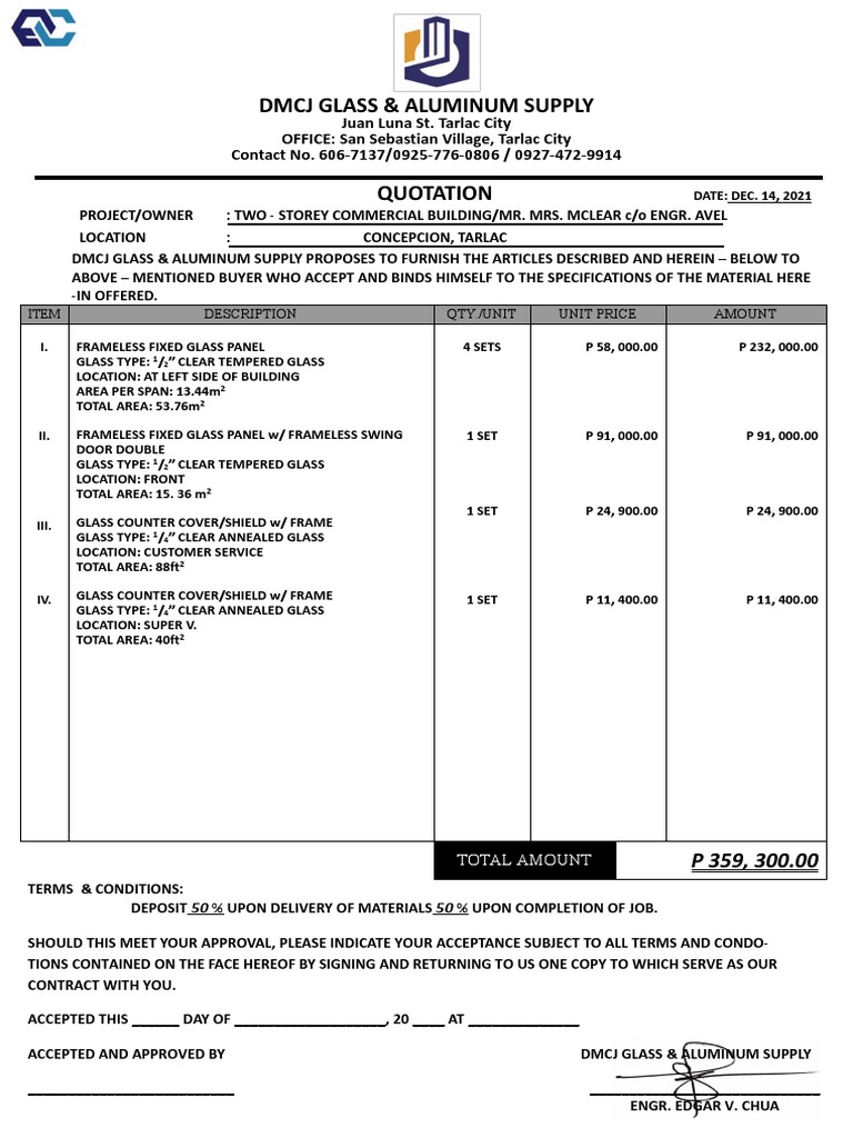 Quotation For The Supply of Glass and Aluminum Works For 2 Storey ...