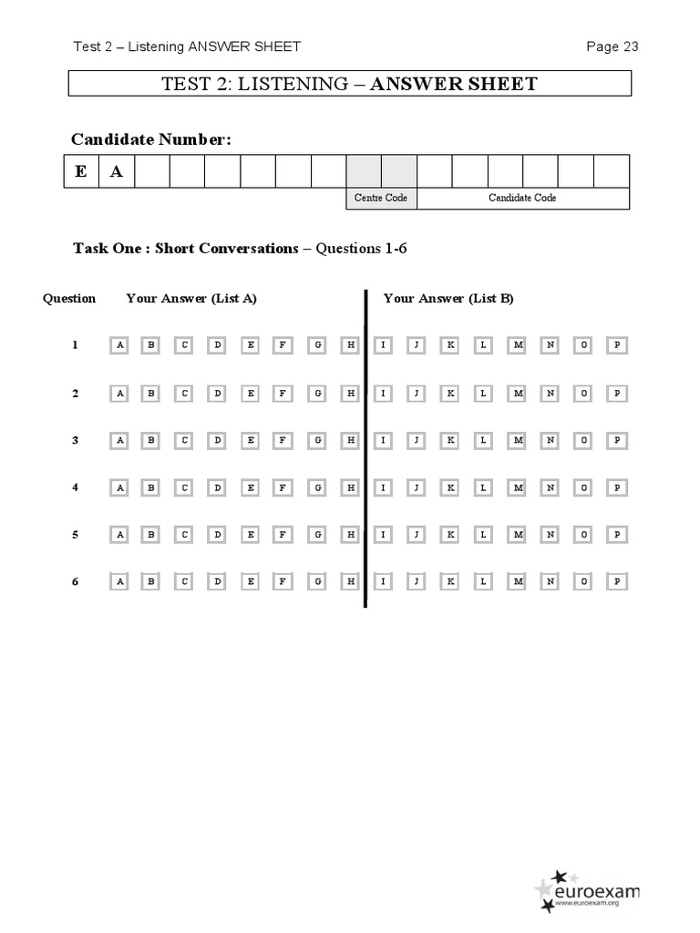 Test 2: Listening - Answer Sheet: Candidate Number: E A | PDF