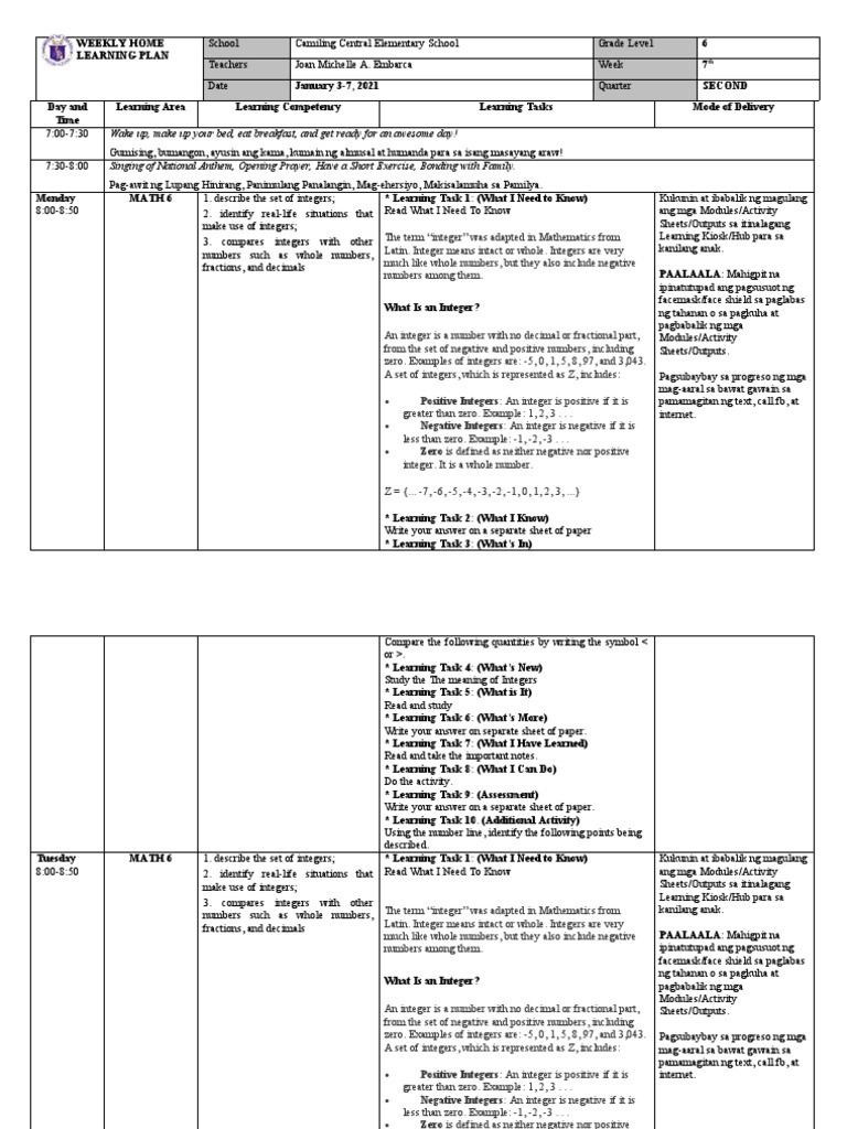 WHLP - Mathematics Grade 6 (Q2 Week 7) | PDF | Numbers | Integer