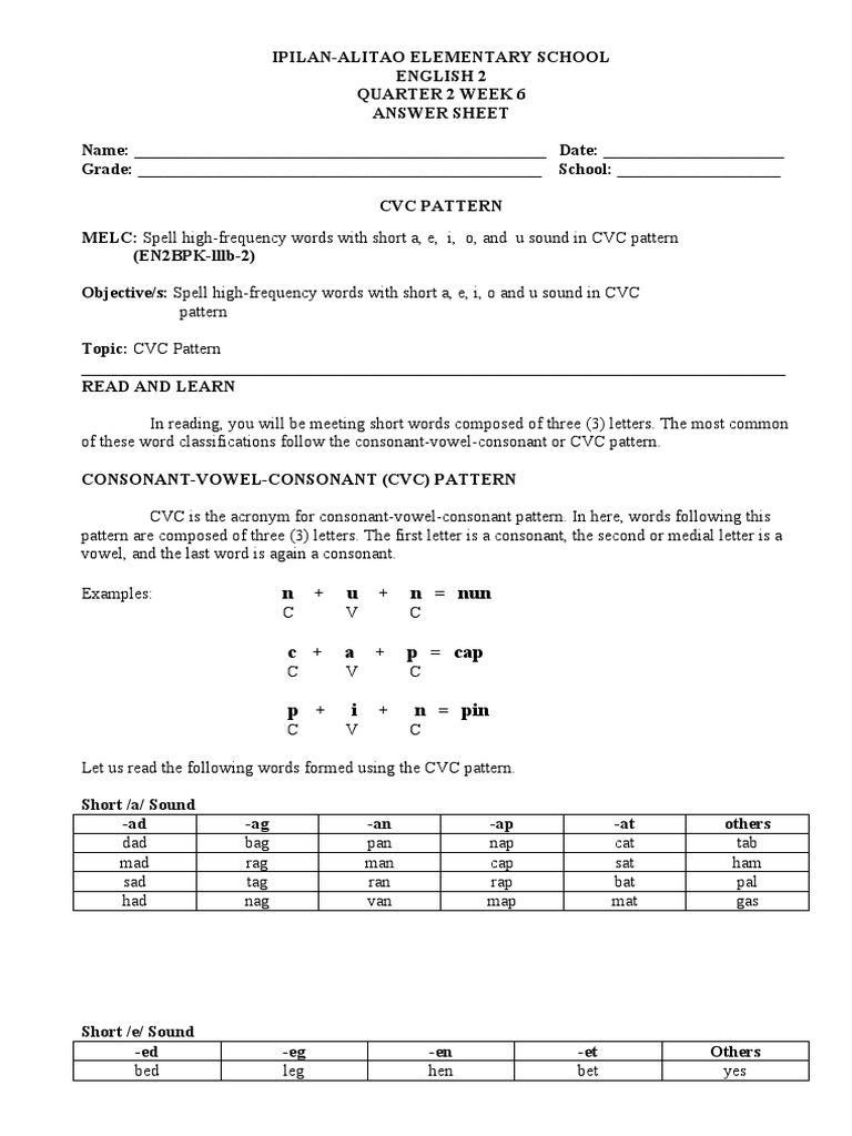 English Activity Sheet q2 - w6 2020-2021 | PDF | Consonant | Human Voice