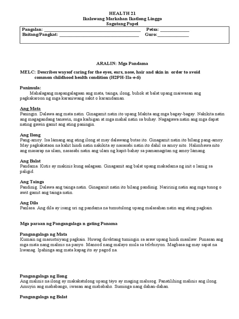 Health Activity Sheet Q2 - W3 2020-2021 | PDF