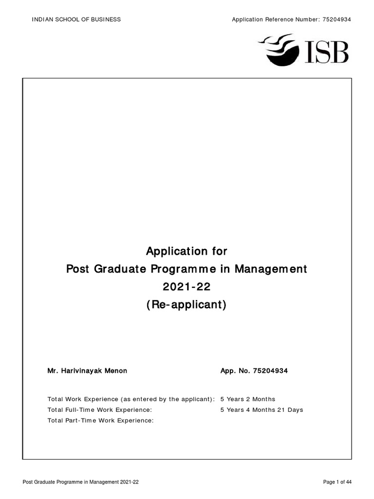 ISB 2020 Application | PDF | Graduate Management Admission Test | Business
