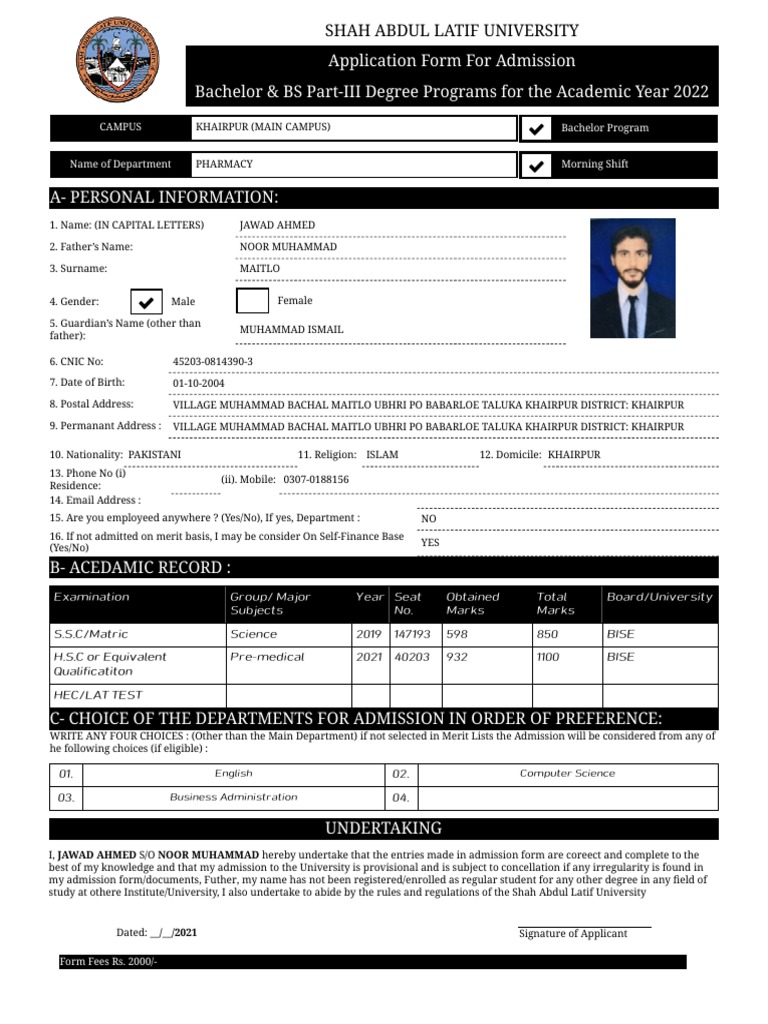 Application Form For Admission Bachelor & BS Part-III Degree Programs ...