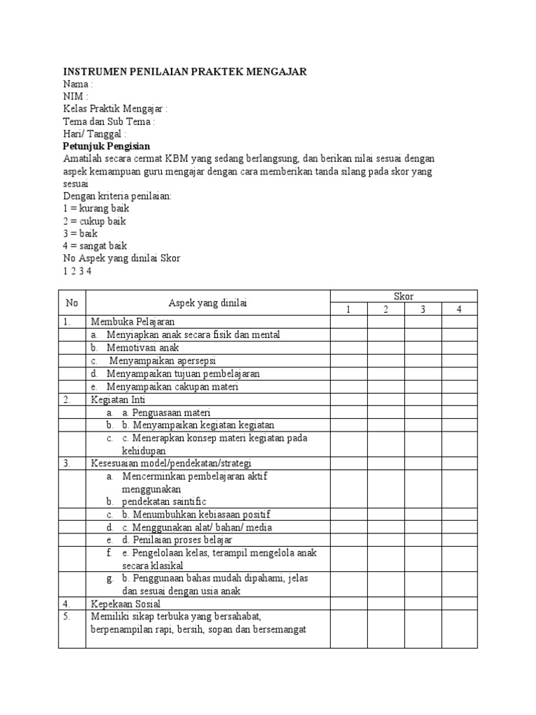 Instrumen Penilaian Praktek Mengajar | PDF | Karier & Perkembangan | Seni