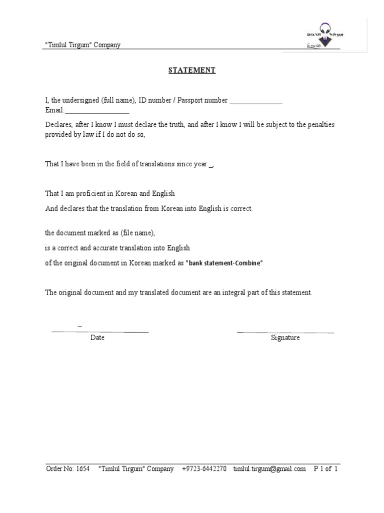 TRANSLATOR STATEMENT - One Document | PDF