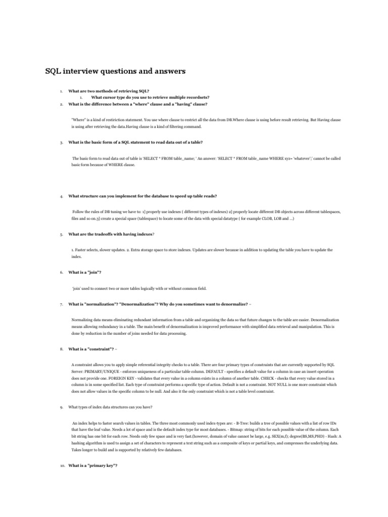 SQL Interview Questions and Answers | PDF | Relational Database | Database Index