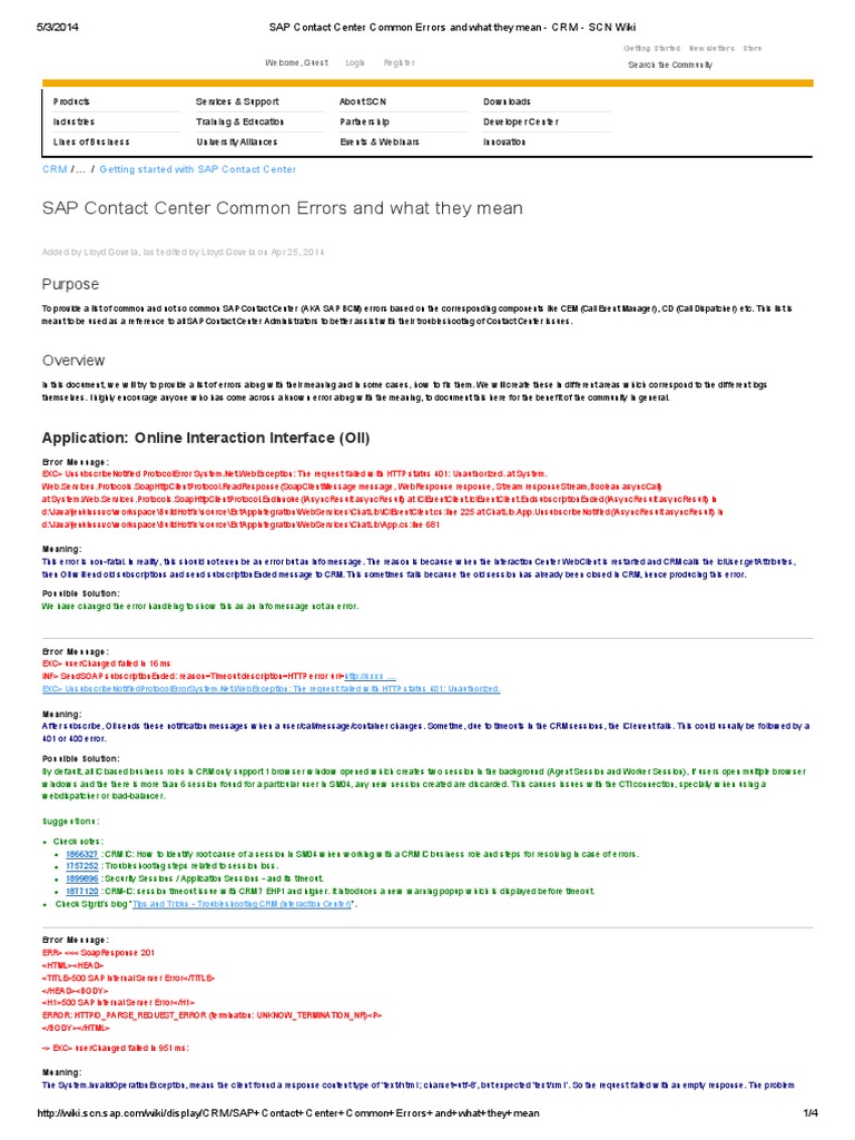SAP Contact Center Common Errors and What They Mean - CRM - SCN Wiki ...