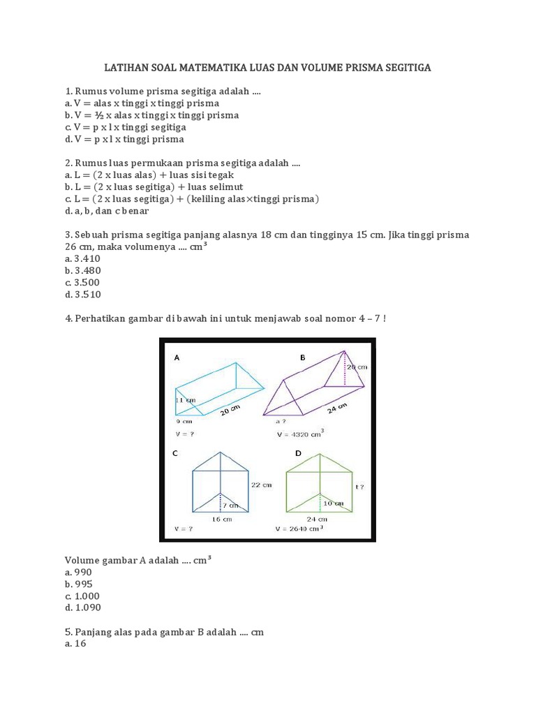 Latihan Soal Matematika Luas Dan Volume Prisma Segitiga | PDF