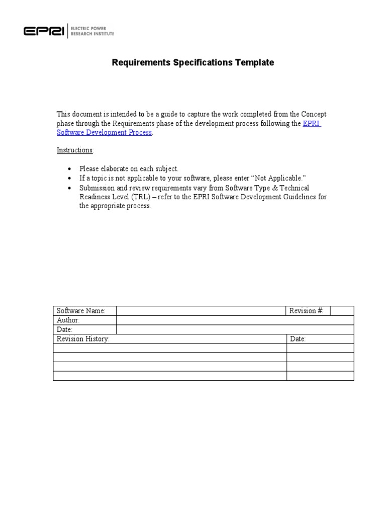 Requirements Specifications Template: Epri Software Development Process ...