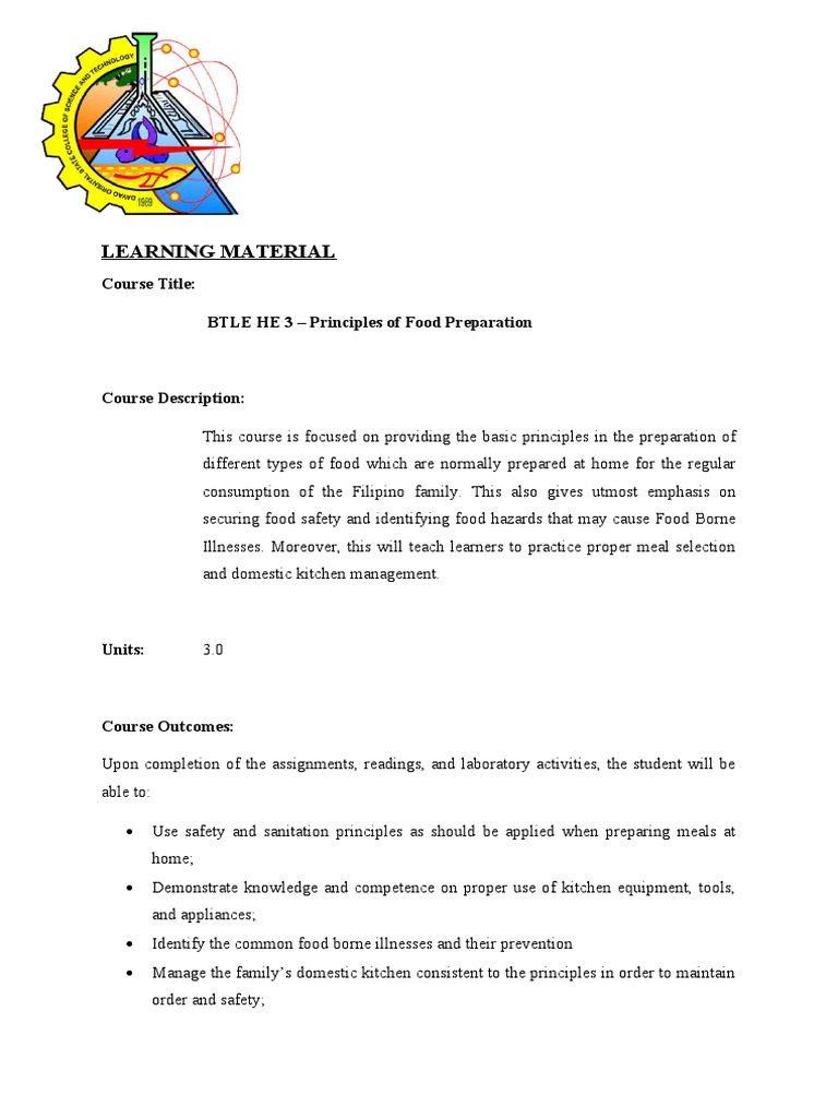 Learning Material: Course Title: BTLE HE 3 - Principles of Food ...
