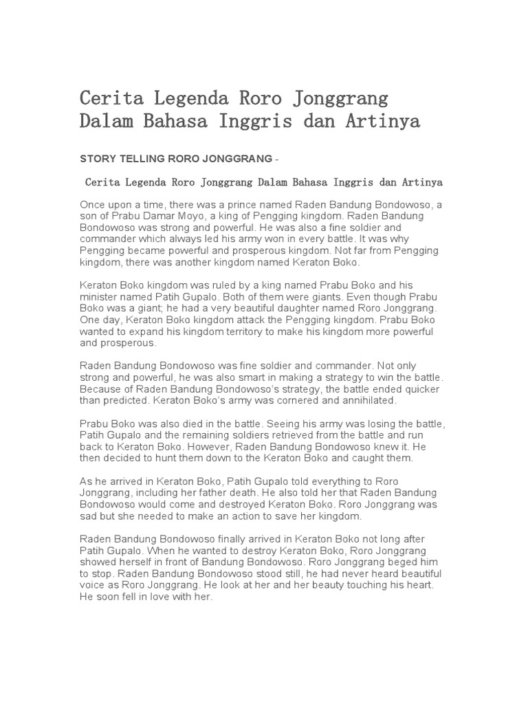 Cerita Legenda Roro Jonggrang Dalam Bahasa Inggris Dan Artinya | PDF | Java