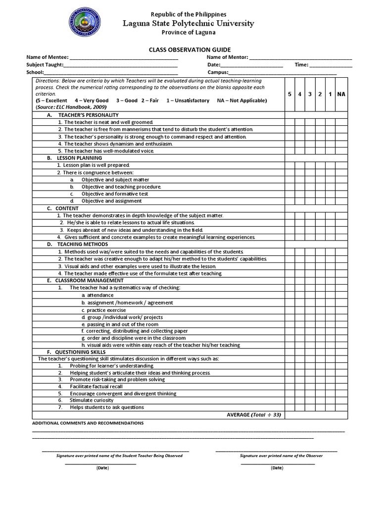 Class Observation Evaluation Guide | PDF | Teachers | Mentorship
