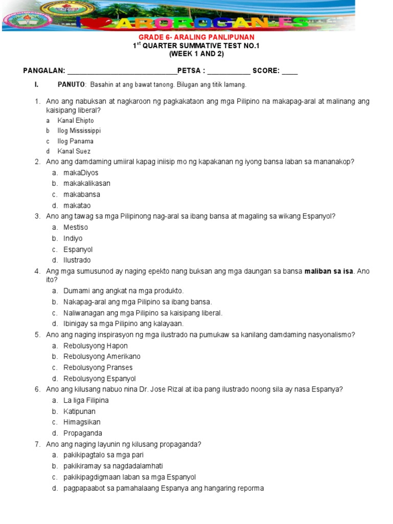 ARAL-PAN 6 Summative Test Quarter 1 | PDF