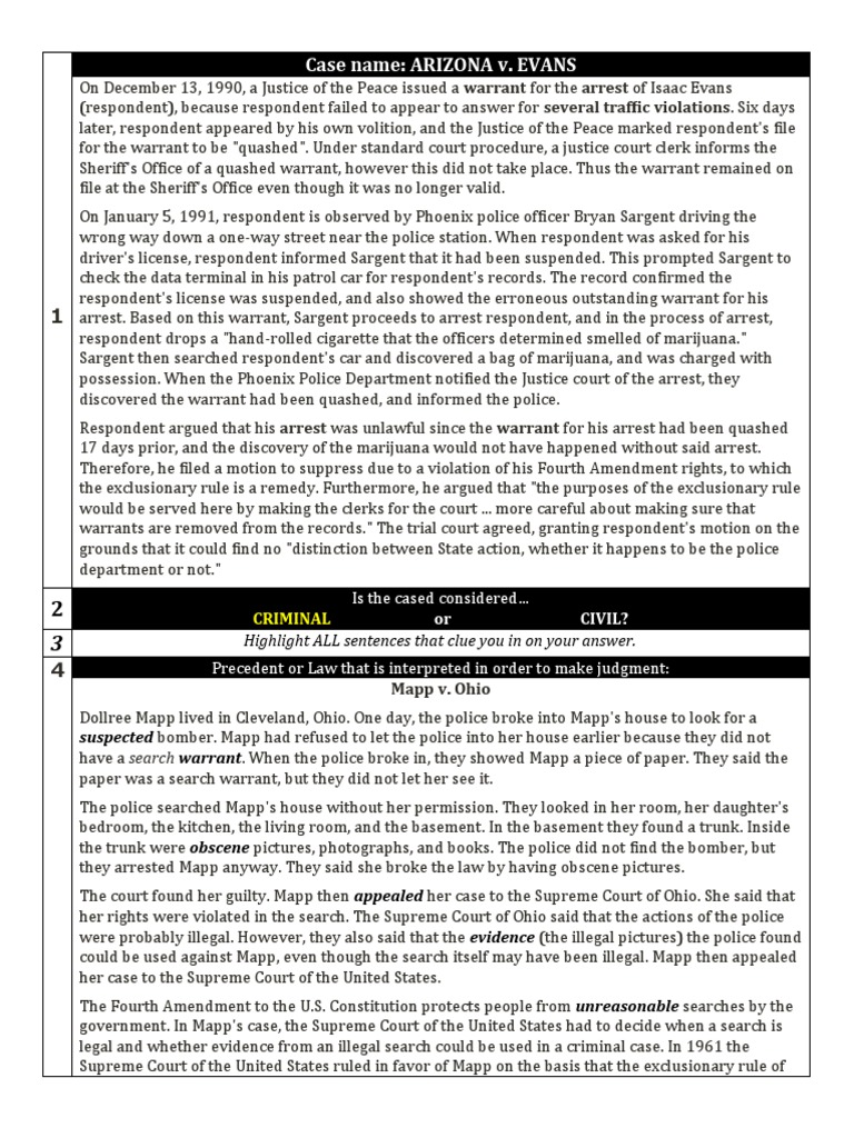 Case Name: ARIZONA v. EVANS: Is The Cased Considered | PDF | Justice ...