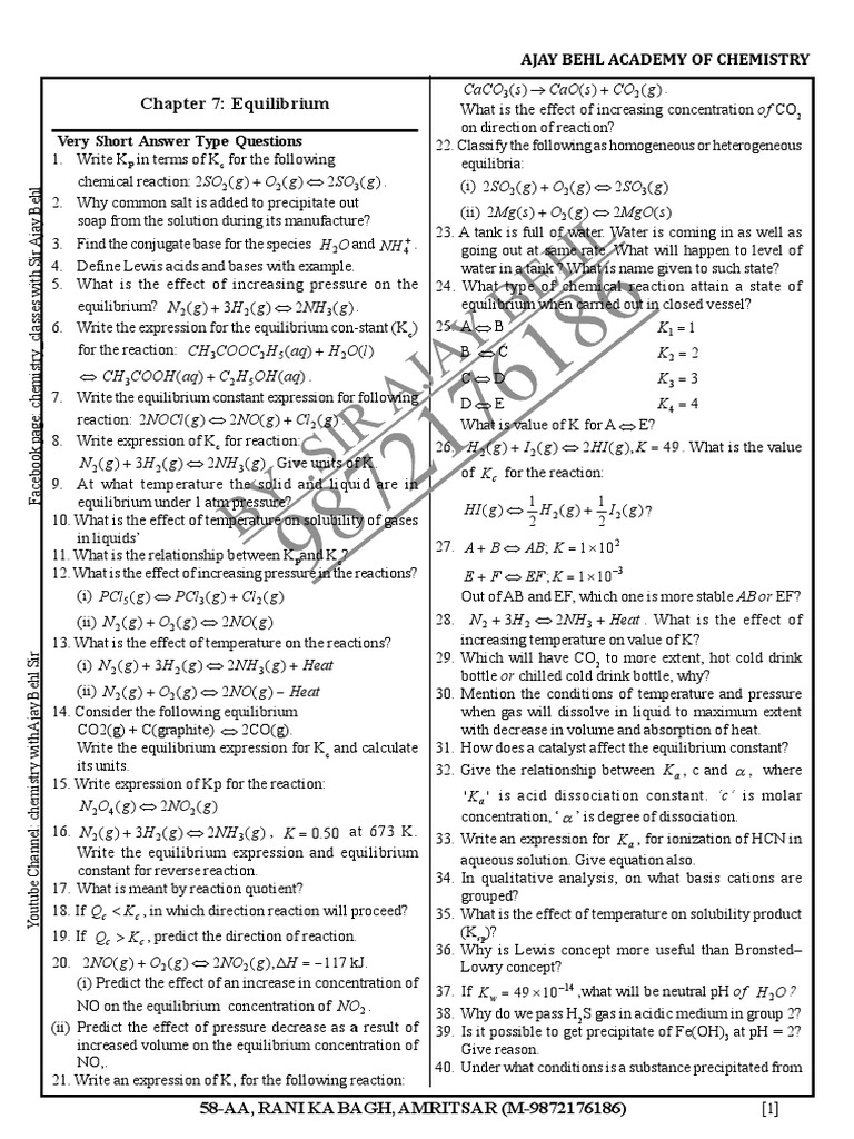 Chapter 7: Equilibrium: Ajay Behl Academy of Chemistry | PDF | Acid ...