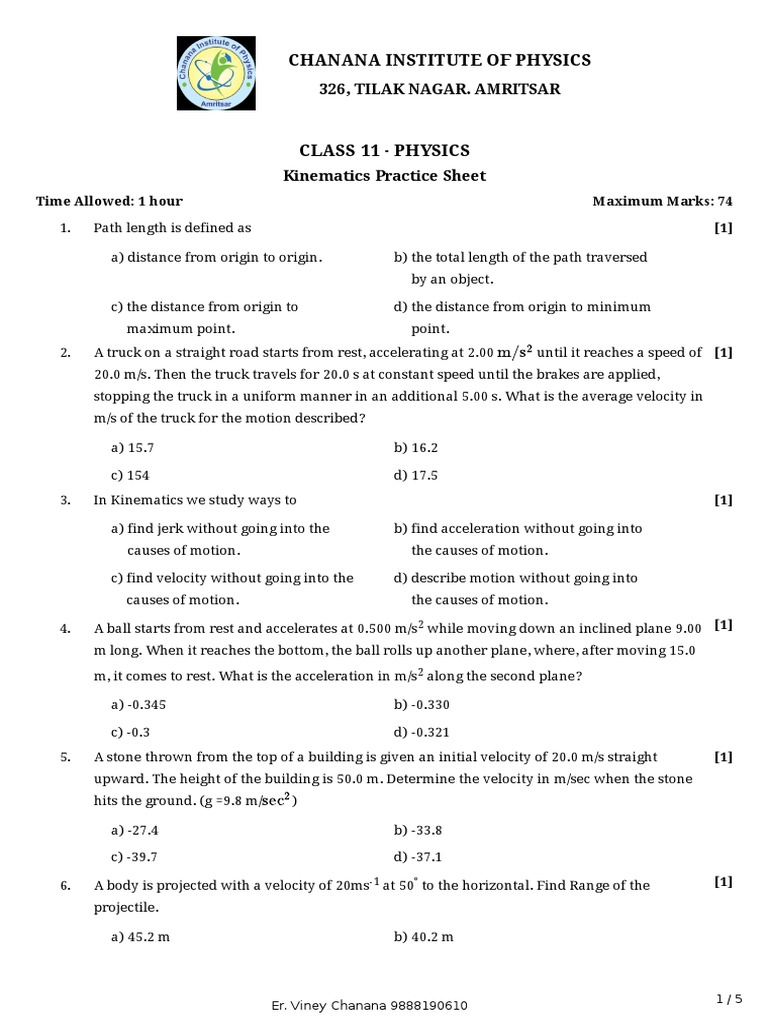 Kinematics Practice Sheet | PDF | Acceleration | Velocity