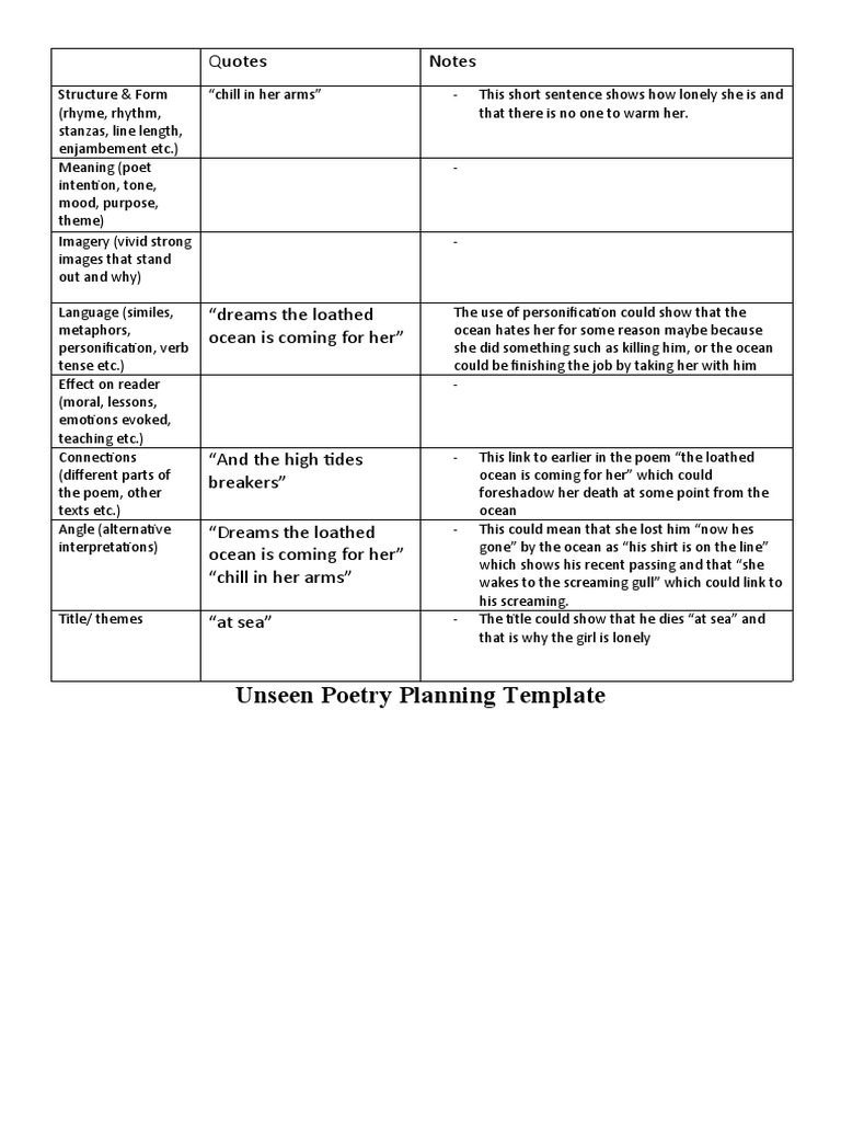 Unseen Poetry Planning Template: Quotes Notes | PDF | Poetry
