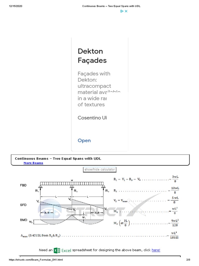 Deflection Continuous Beams - Two Equal Spans With UDL | Download Free ...