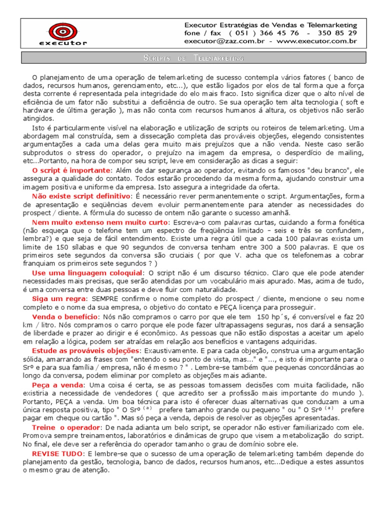 Scripts de Telemarketing - Executor | PDF | Linguagem de script ...