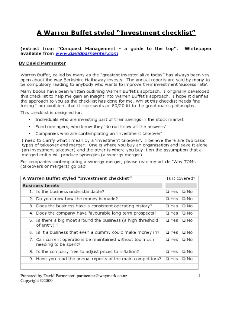 Buffet Checklist v4 | PDF | Stocks | Investing