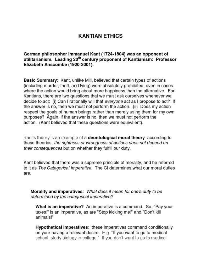 Kantian Ethics Summary | PDF | Philosophical Theories | Applied Ethics