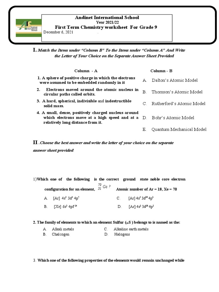Grade 9 Chemistry Worksheet Explained | PDF | Periodic Table | Chemical ...