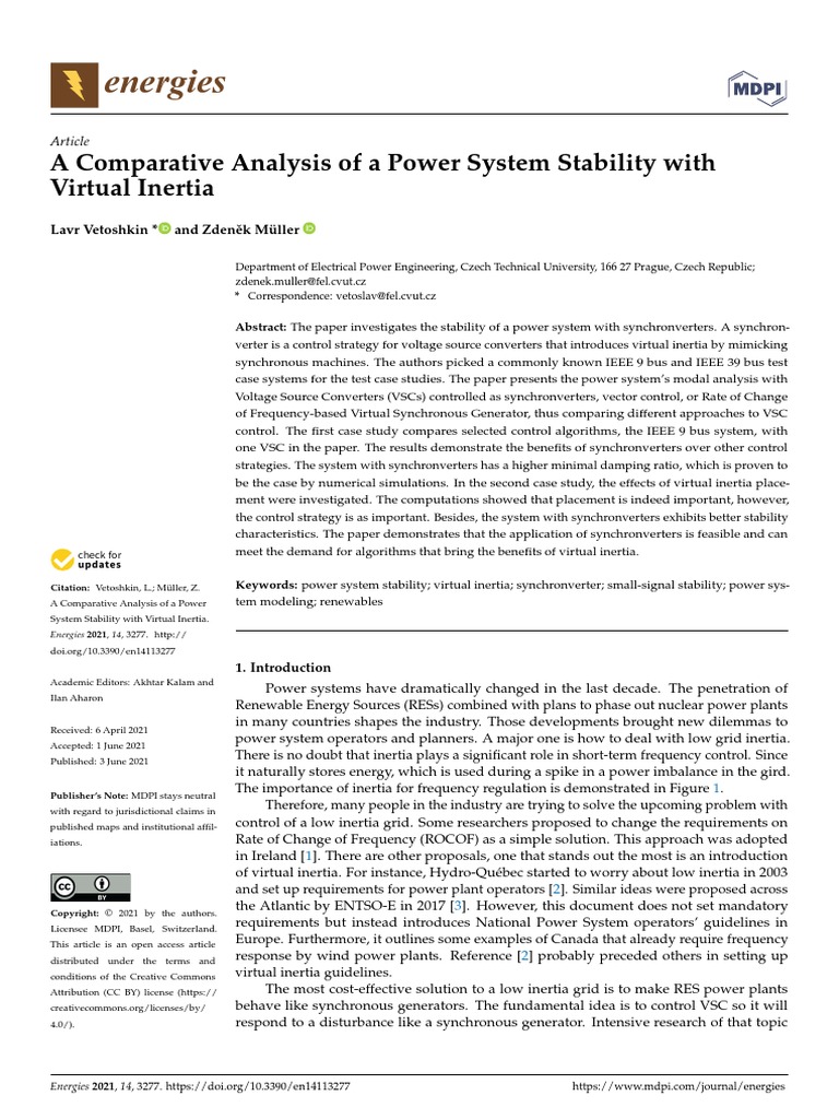 Energies: A Comparative Analysis of A Power System Stability With Virtual Inertia | PDF ...