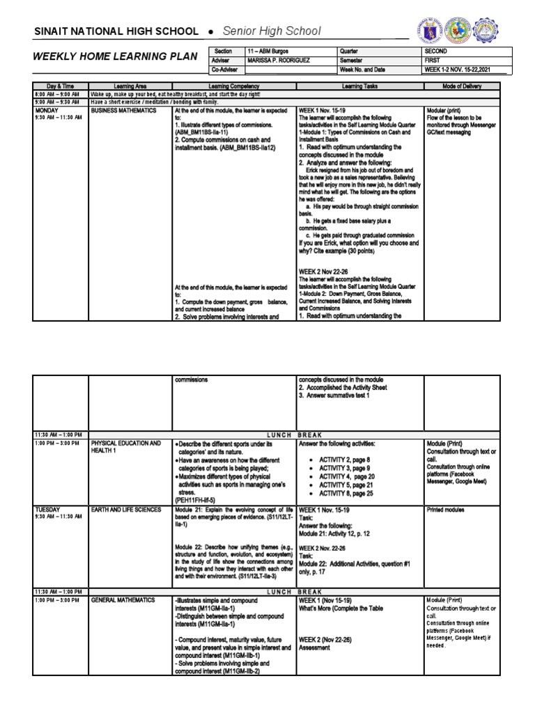 Senior High School: Weekly Home Learning Plan | PDF | Learning | Cognition