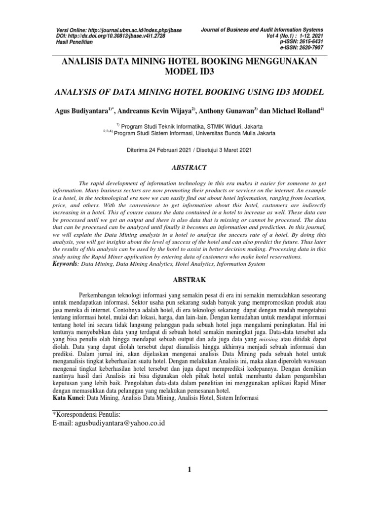 Analysis of Data Mining Hotel Booking Using Id3 Model | PDF | Analytics | Information Technology ...