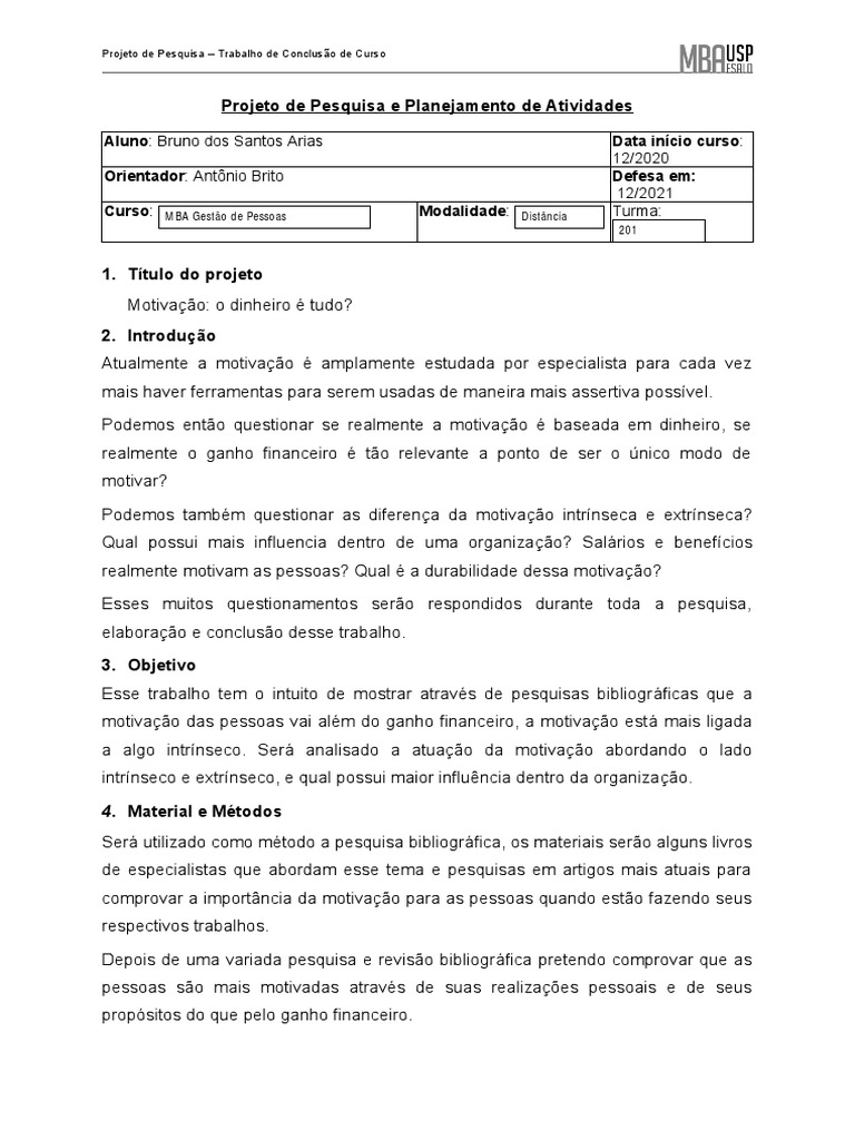 Template Projeto de Pesquisa - TCC - MBA USP ESALQ | PDF | Motivação ...