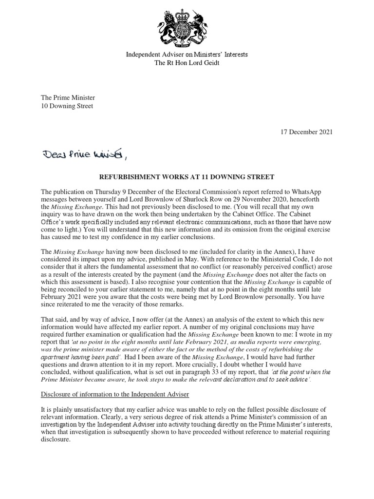 Lord Geidt To Prime Minister 17 December 2021 | PDF | Discovery (Law ...