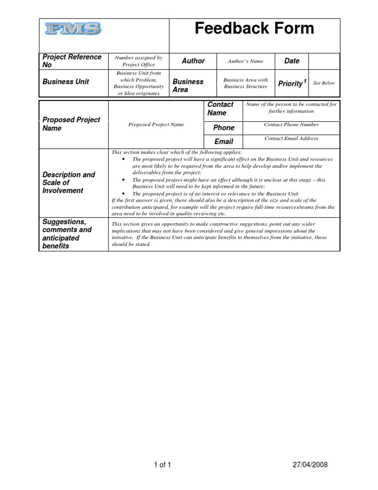 Project Feedback Form Template | PDF | Business (General) | Cognition