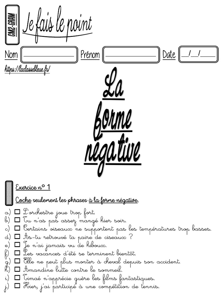 Exercices sur la forme négative CM2 | PDF